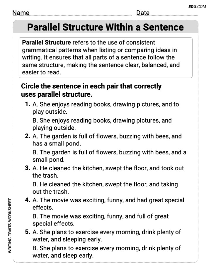 Grade 5 Printable Worksheet on Writing Traits: Parallel Structure Within a Sentence | EDU.COM